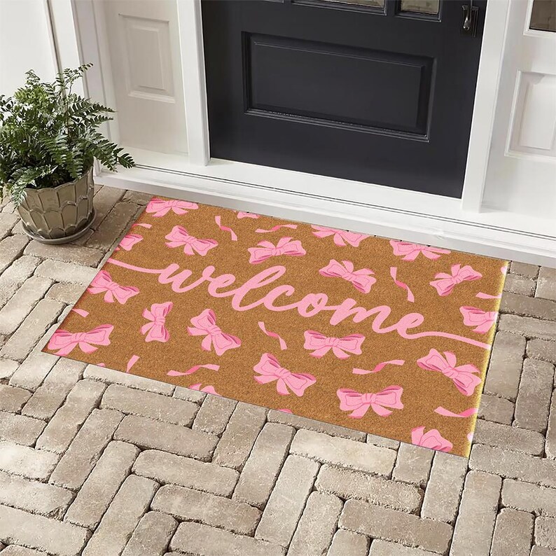 Welcome Pink Bow Doormat, Watercolor Pinky Bow Welcome Doormat ...