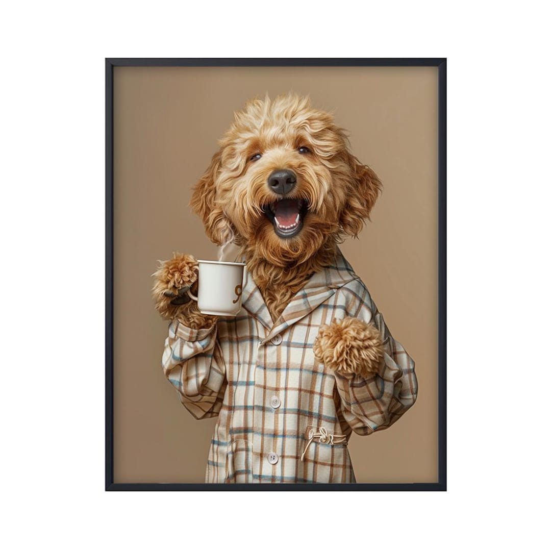 Cute Goldendoodle Dog Dressed in Pajamas Holding Cup, Dog Drinking a ...