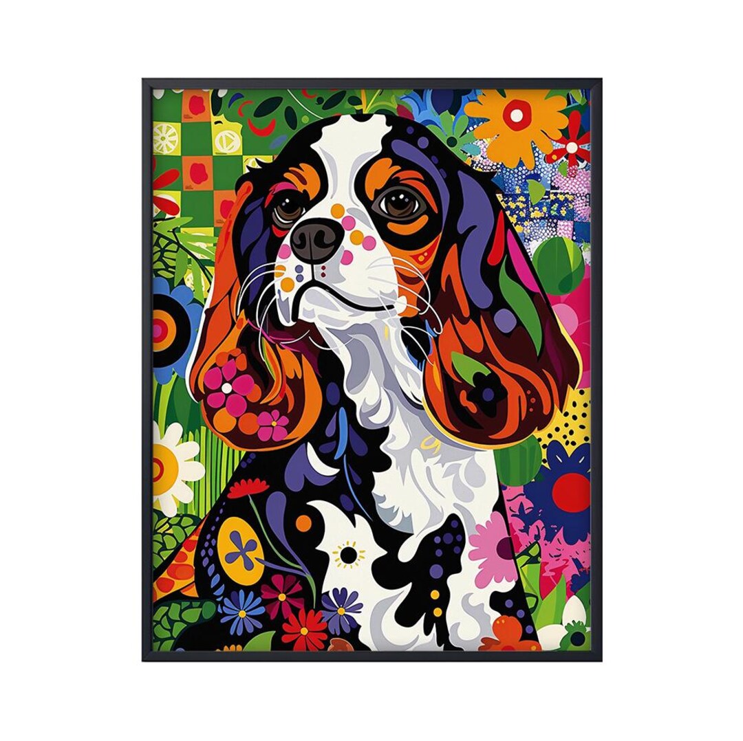 Colorful Cavalier King Charles Spaniel Poster Canvas, Floral Cavalier ...