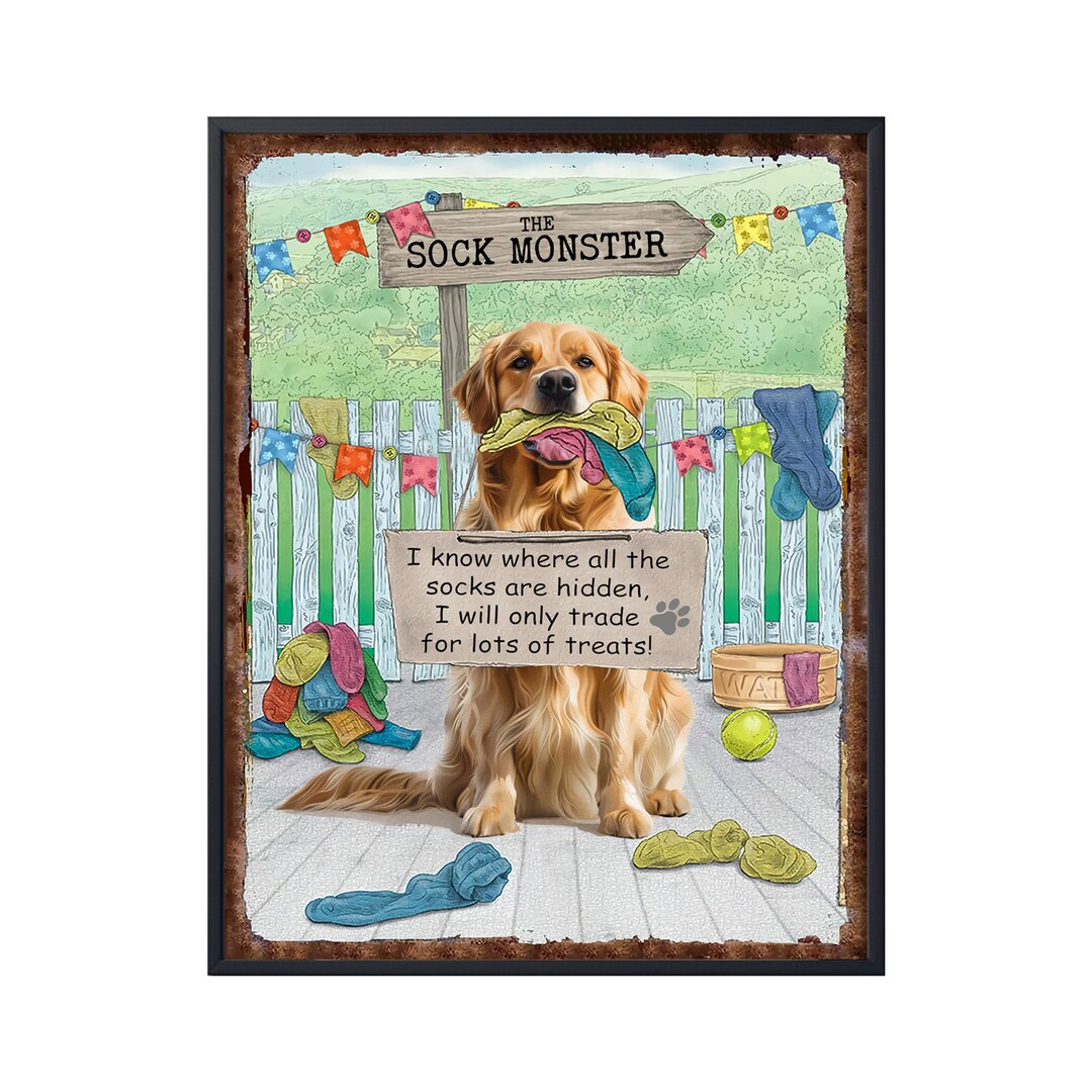 The Sock Monster Golden Retriever Wall Art, Funny Golden Retriever ...