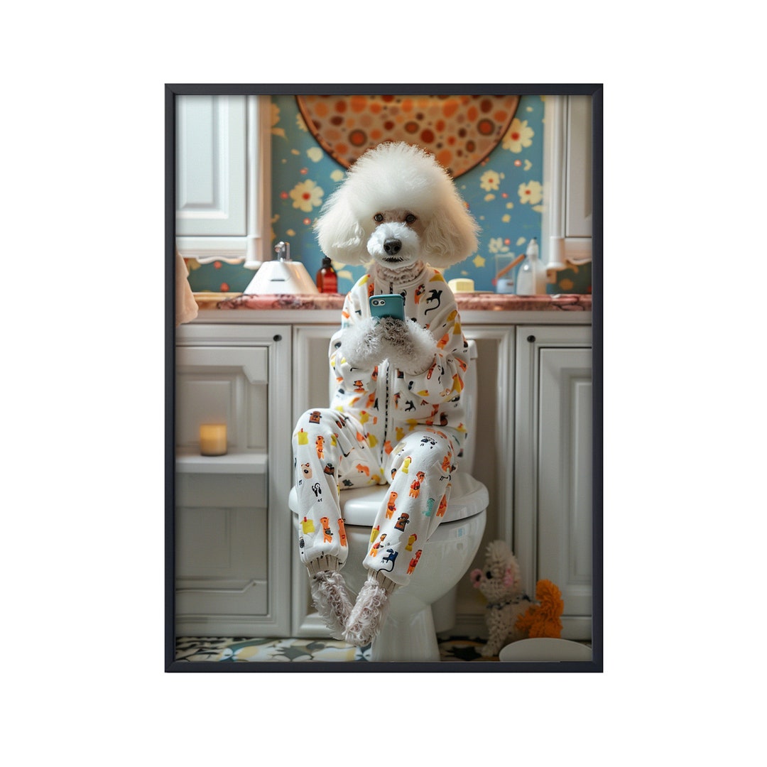 Poodle Sitting on Toilet, Poodle on Phone, Dog on Toilet, Poodle Lover ...