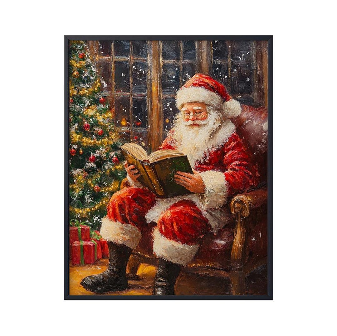 Santa Reading Book Canvas, Santa Wall Art, Vintage Christmas Wall Art ...