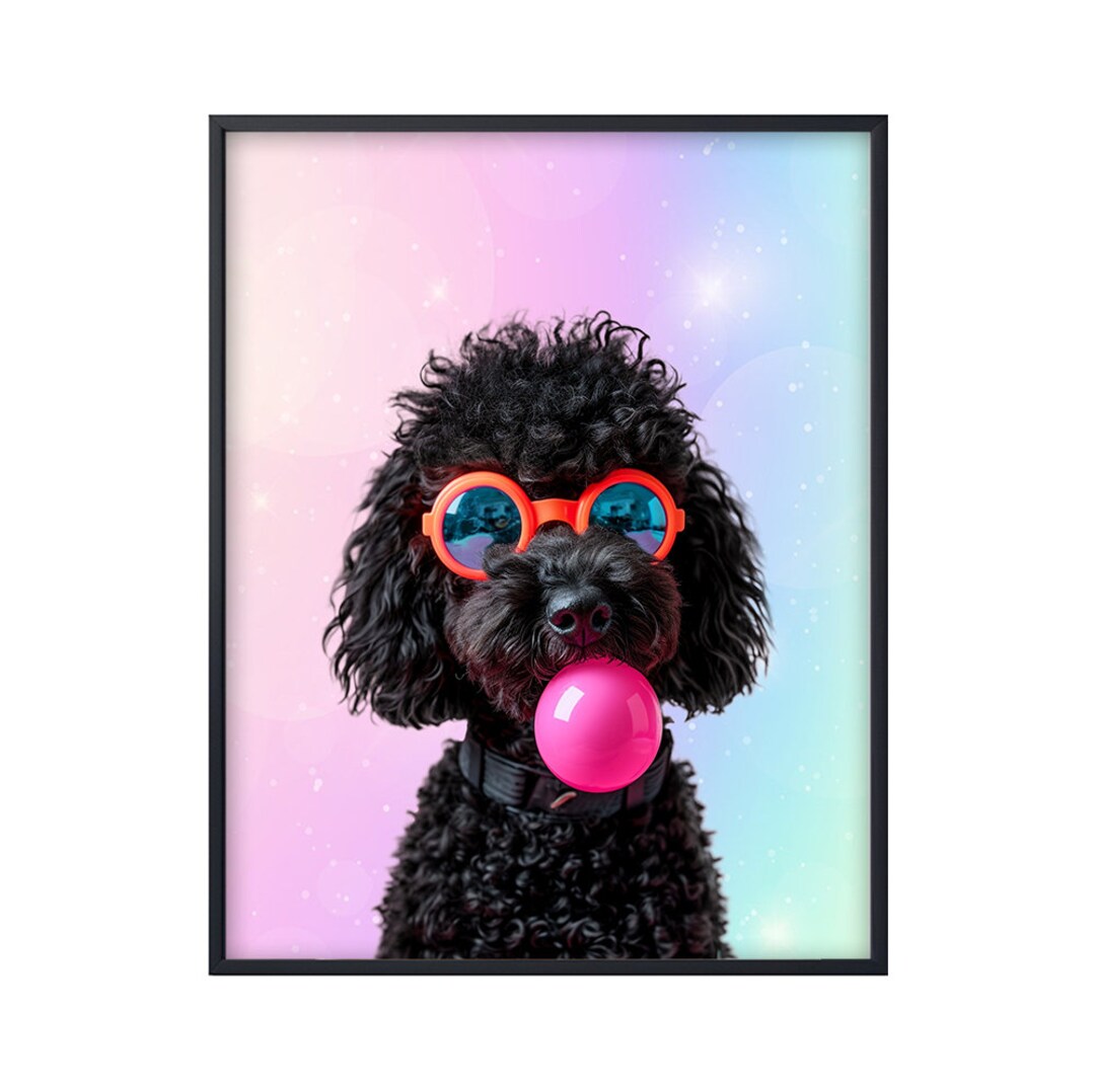 Black Poodle Portrait Blowing Bubble Gum, Wearing Neon Goggles, Cute ...