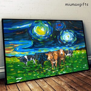 Cow Starry Night Canvas, Farm Cow Starry Night Poster, Cow Canvas Wall ...
