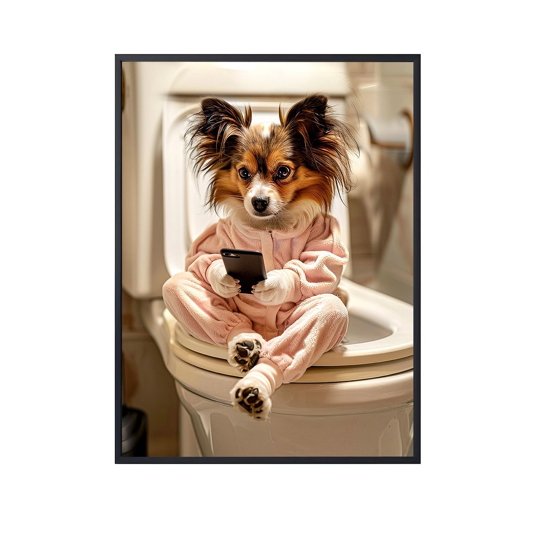 Papillon Sitting on Toilet on Mobile Phone, Funny Dog Picture Animal ...