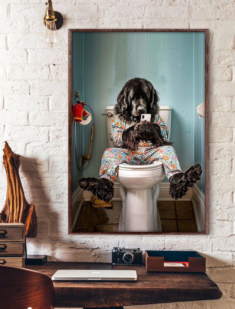 Newfoundland Sitting on Toilet on Mobile Phone, Funny Dog on Loo ...