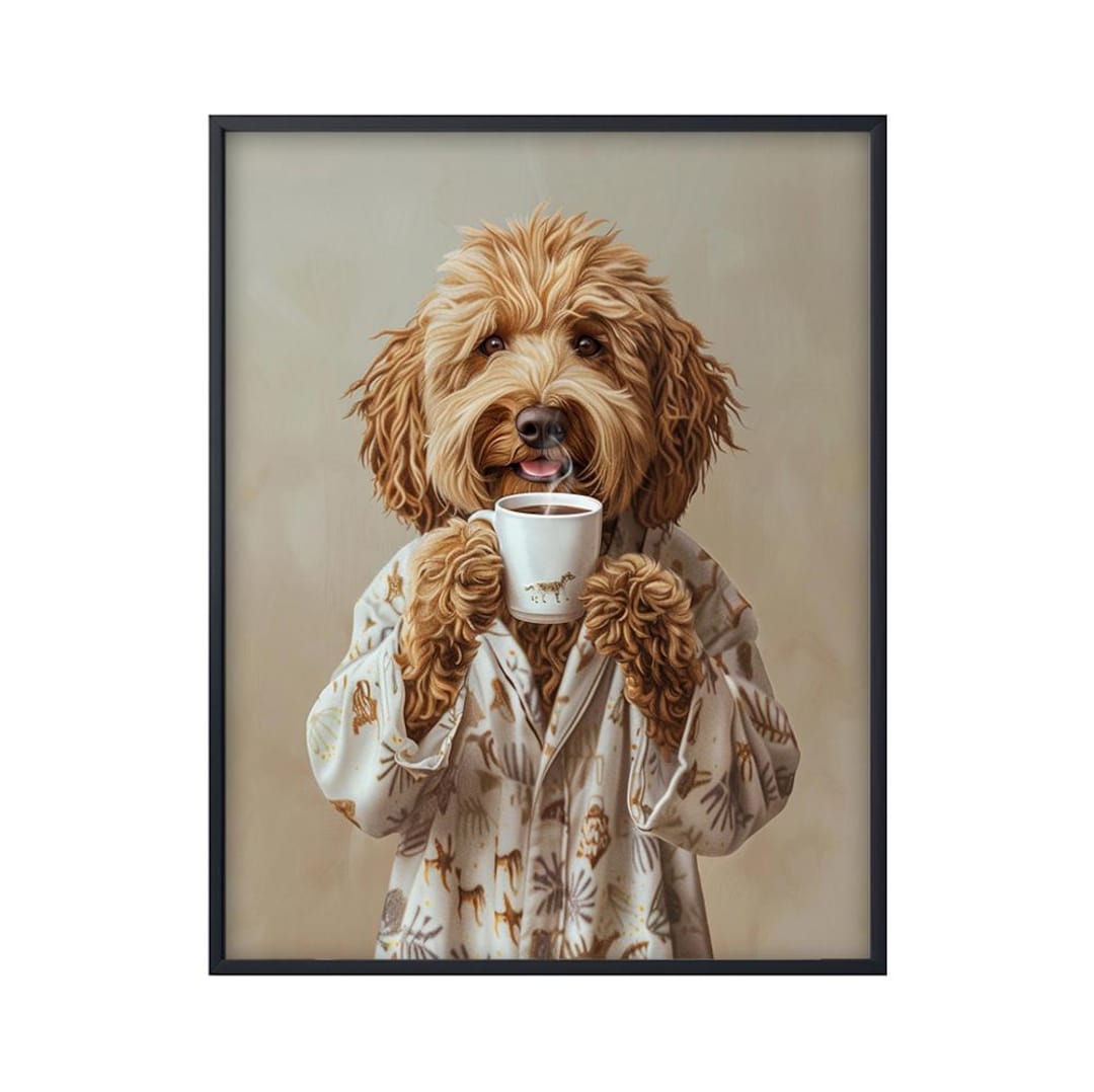 Cute Labradoodle Dog Dressed in Pajamas Holding Cup, Dog Drinking a Cup ...