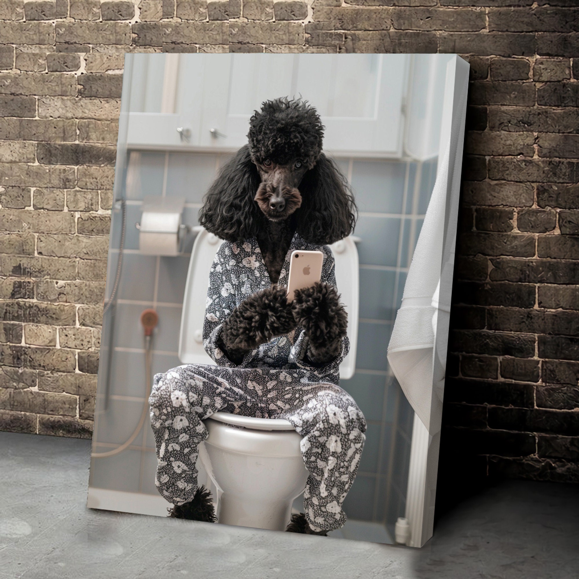 Black Poodle Sitting on Toilet, Dog on Phone Gift, Funny Poodle Poster ...