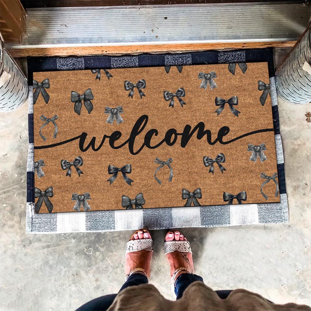 Welcome Black Bow Doormat, Watercolor Black Bow Welcome Doormat ...