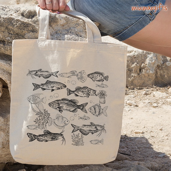 Fish Cotton Tote Bag Fish Tote Bag Fish Bag Design by - Etsy