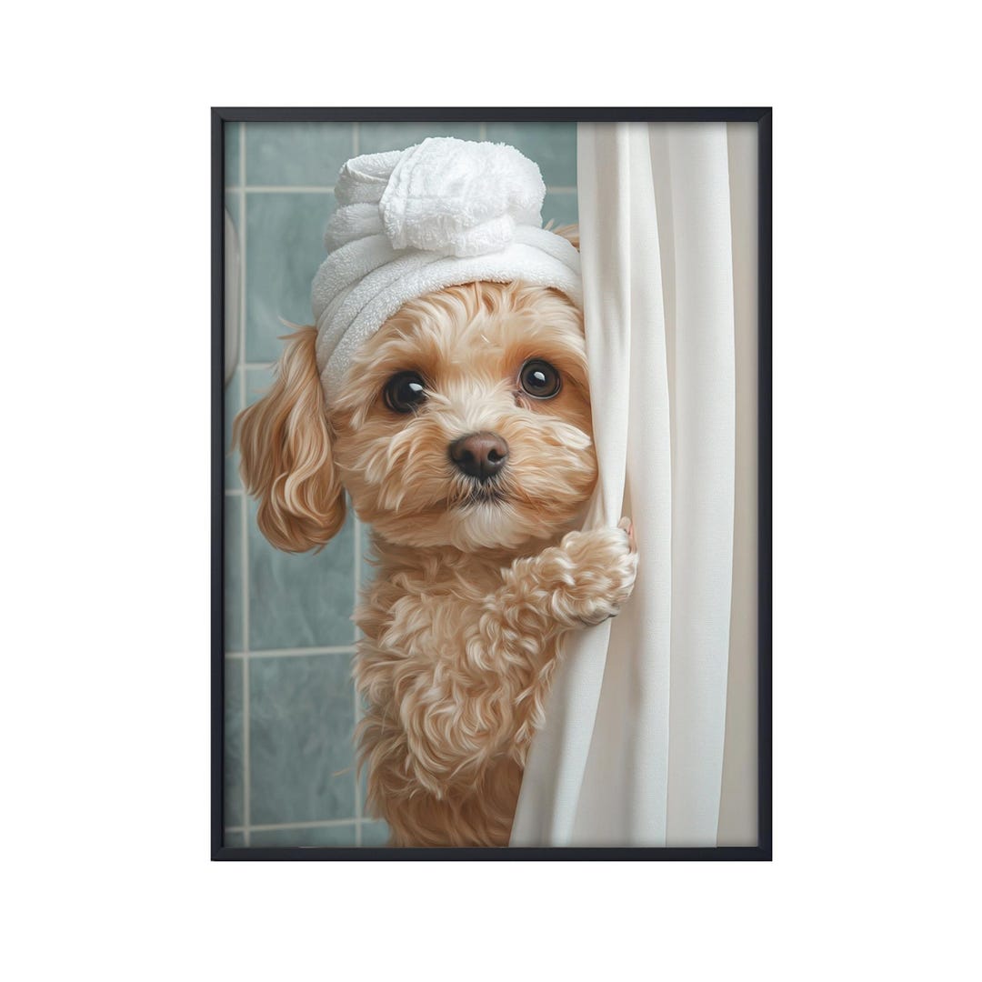 Cavapoo in Bath Poster Canvas Print, Funny Shower Dog, Cavapoo Bathroom ...