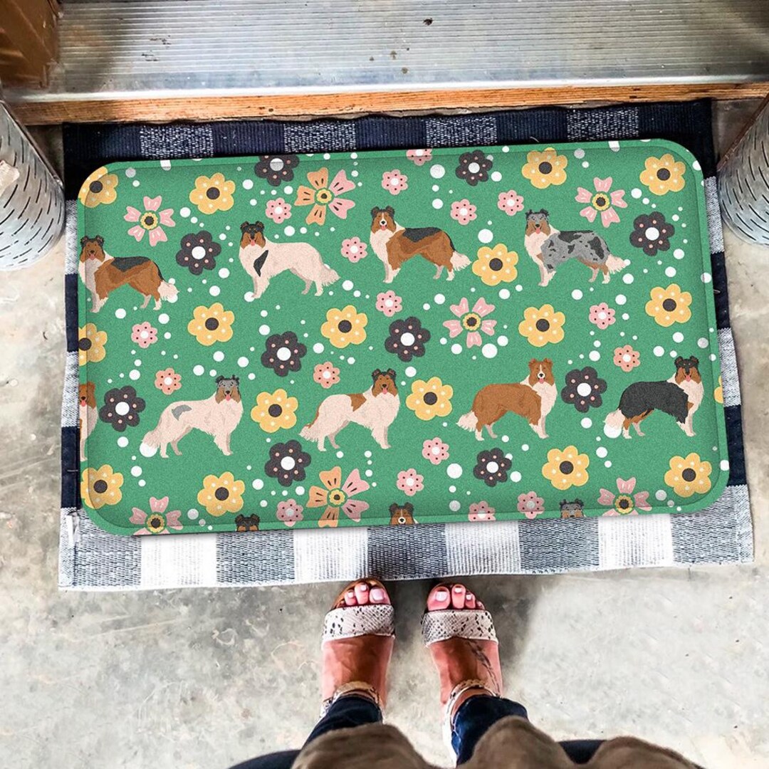 Floral Rough Collie Mat, Cute Rough Collie Doormat, Rough Collie Dog ...