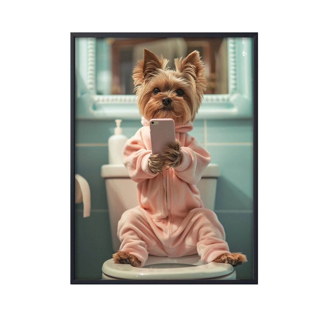 Yorkshire Terrier Sitting on Toilet on Mobile Phone,funny Dog Picture ...