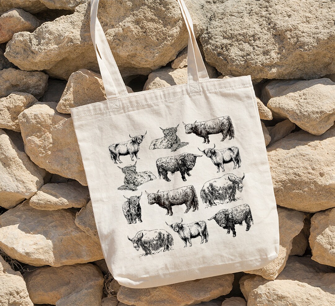 Highland Cow Tote Bag, Farm Tote Bag, Cow Bag, Farm Bag, Hand Drawn ...