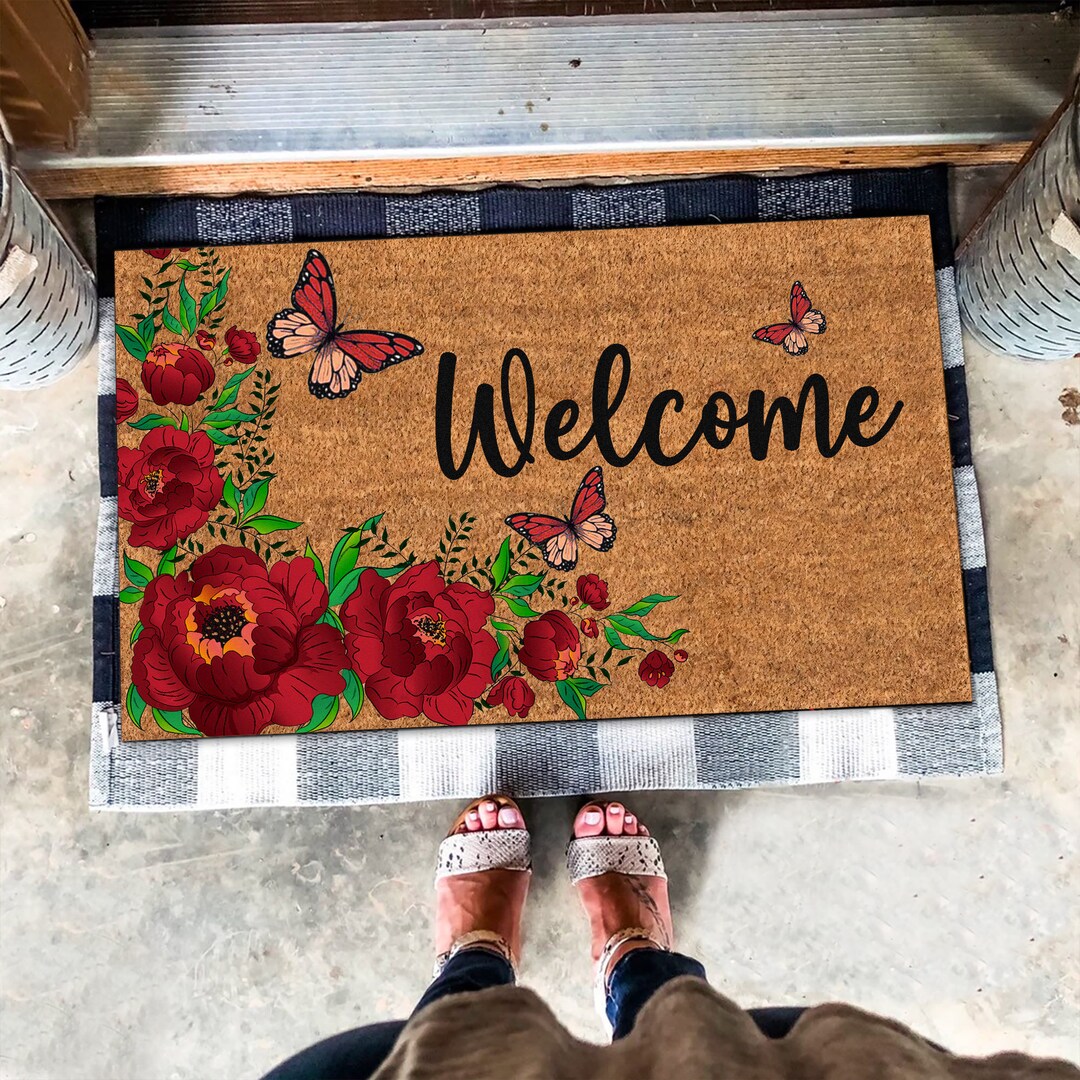 Scarlet Floral Welcome Door Mat, Red Flower Theme Doormat, Flowers ...
