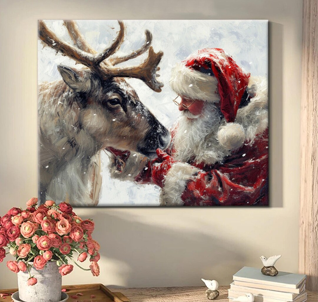 Santa's Reindeer Companionship Poster Canvas, Santa Canvas Wall Art ...