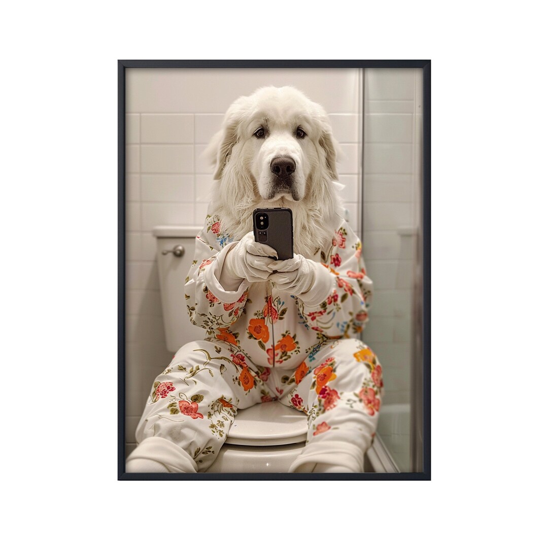 Great Pyrenees Sitting on Toilet, Dog on Phone Gift, Funny Great ...