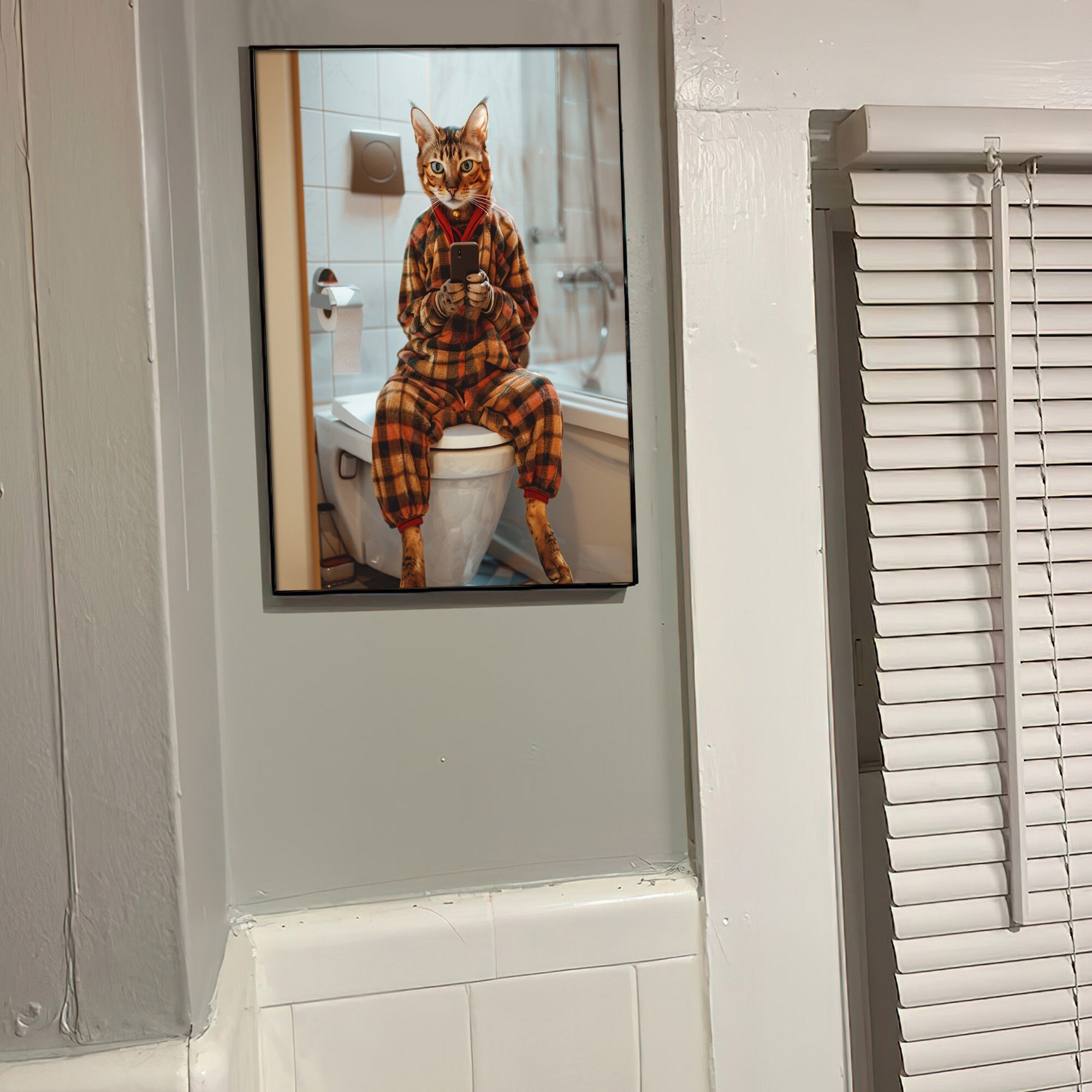 Bengal Cat Sitting on Toilet Playing Phone, Funny Bengal Cat on Loo ...