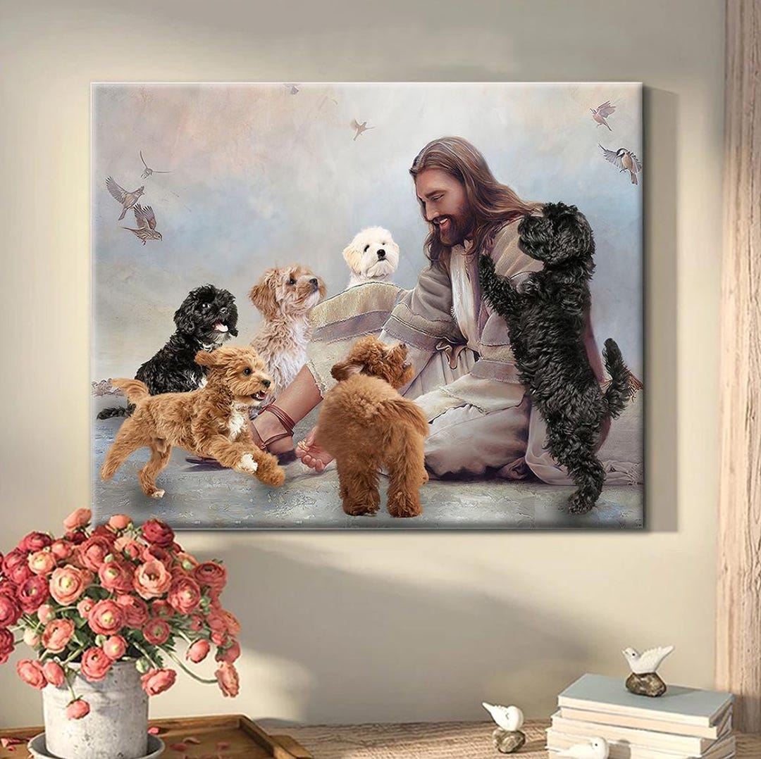 God Surrounded by Maltipoo Wall Art, Angels Jesus Poster, God With Dog ...
