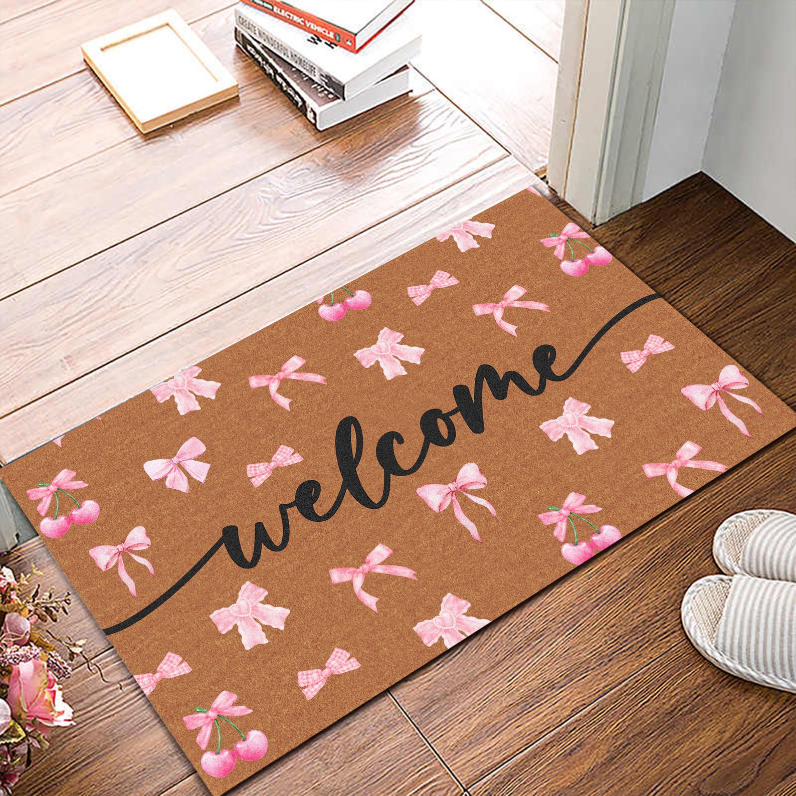 Welcome Pink Bow Doormat, Watercolor Pinky Bow Welcome Doormat ...