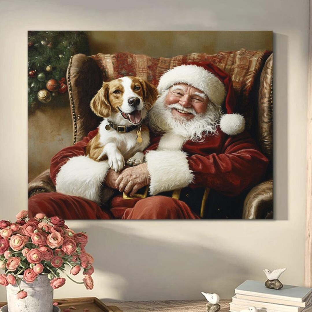 Santa and Brittany Dog Cuddling Poster Canvas, Santa Poster Gift, Santa ...