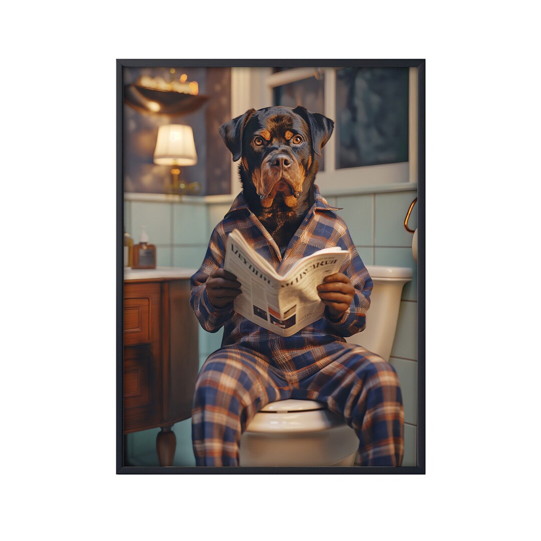 Rottweiler Sitting on Toilet Reading Newspaper, Funny Rottweiler Poster ...