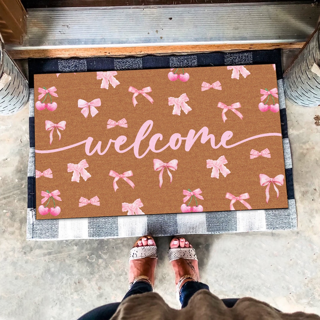 Welcome Pink Bow Doormat, Watercolor Pinky Bow Welcome Doormat, Watercolor Bow Lover Gift, Front ...