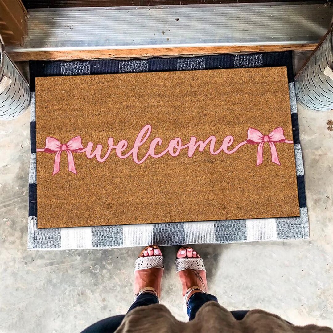 Welcome Pink Bow Doormat, Watercolor Pinky Bow Welcome Doormat ...