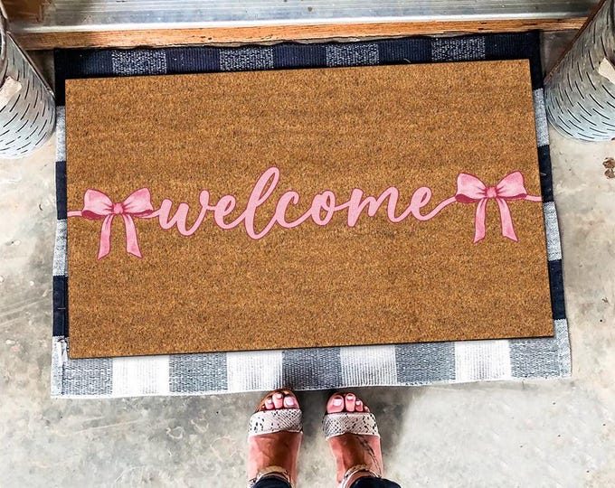 Welcome Pink Bow Doormat, Watercolor Pinky Bow Welcome Doormat ...