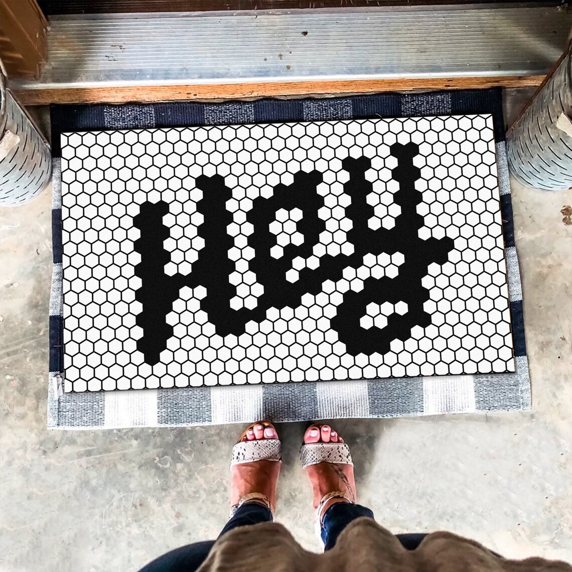 Cute Hola Tiled Look Message Door Mat, Hey Tile Pattern Welcome Mat, Hi ...