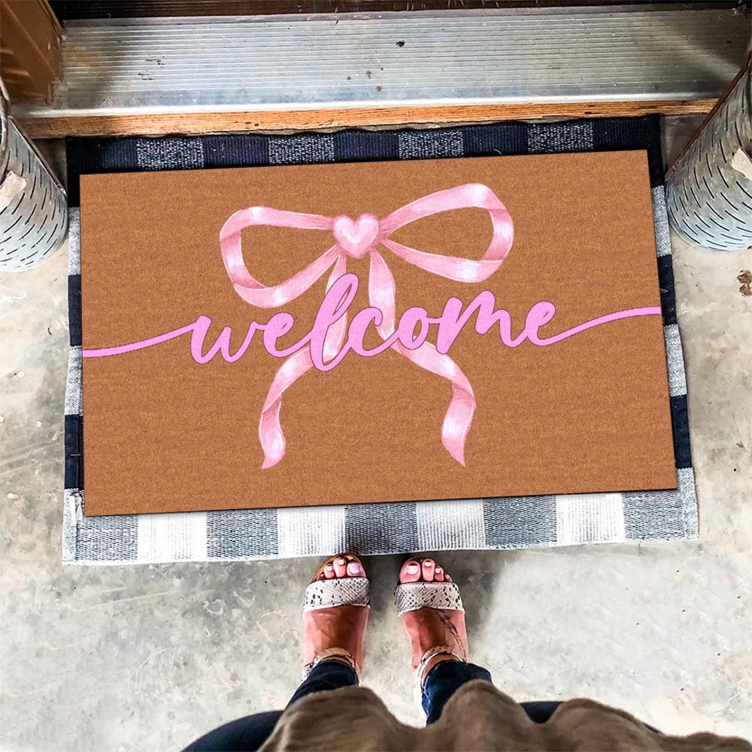 Welcome Pink Bow Doormat, Watercolor Pinky Bow Welcome Doormat ...
