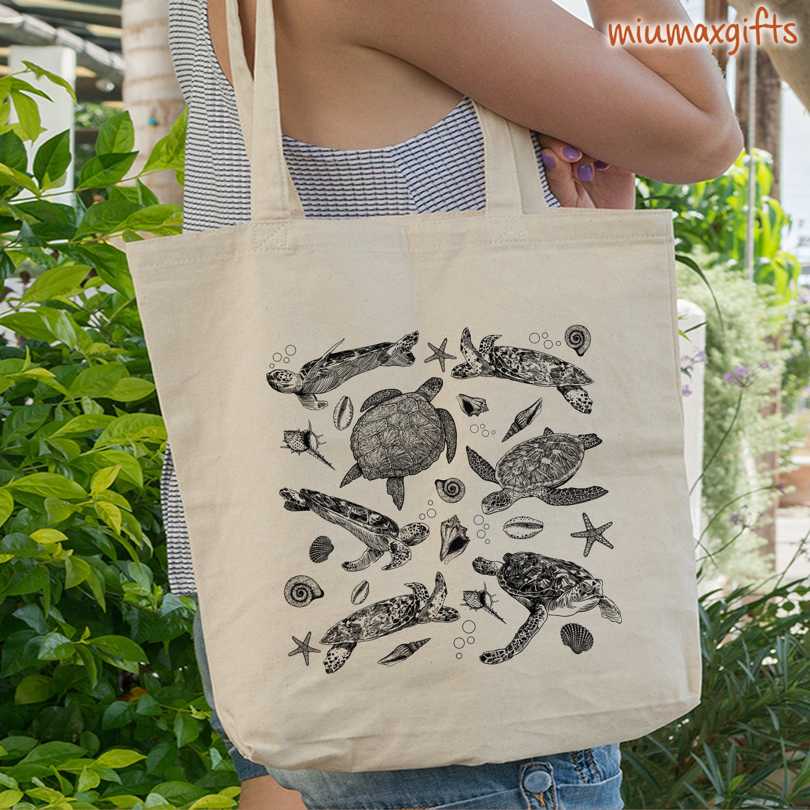 Sea Turtle Tote Bag Sea Animals Tote Bag Hand Drawn Design | Etsy