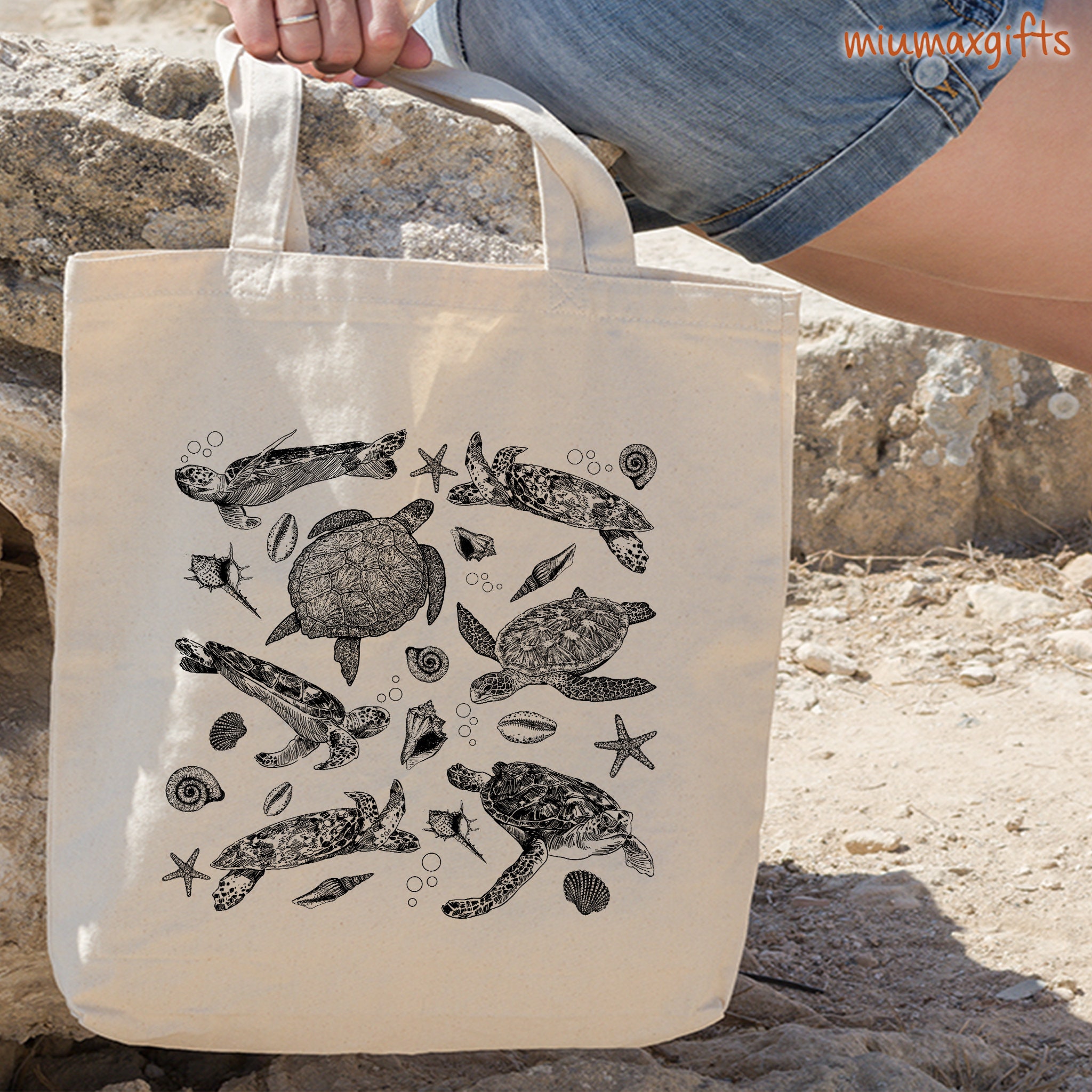Sea Turtle Tote Bag Sea Animals Tote Bag Hand Drawn Design - Etsy
