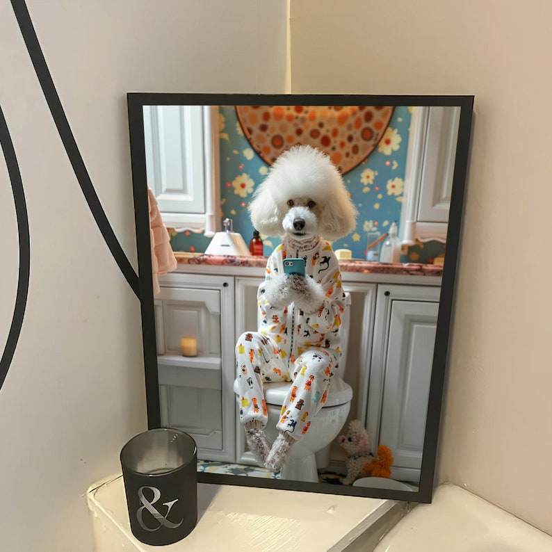 Poodle Sitting on Toilet, Poodle on Phone, Dog on Toilet, Poodle Lover ...
