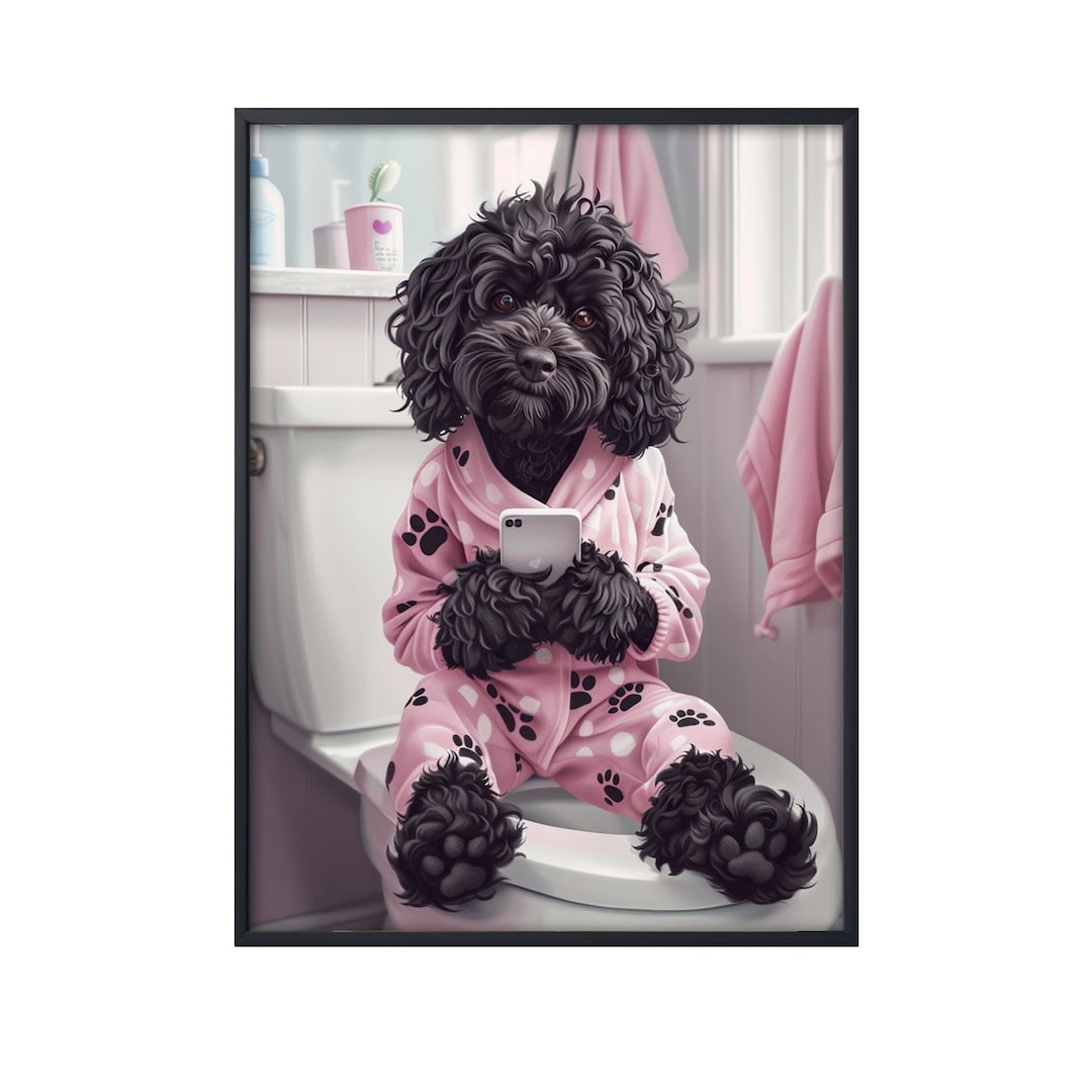 Black and White Cockapoo Sitting on Toilet on Mobile Phone, Funny Dog ...