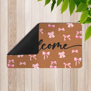 Welcome Pink Bow Doormat, Watercolor Pinky Bow Welcome Doormat, Watercolor Bow Lover Gift, Front ...