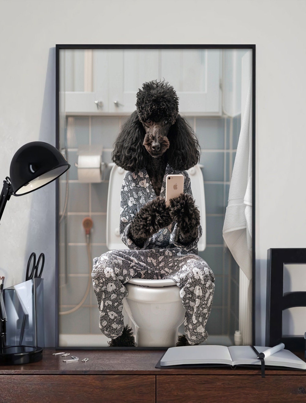 Black Poodle Sitting on Toilet, Dog on Phone Gift, Funny Poodle Poster ...