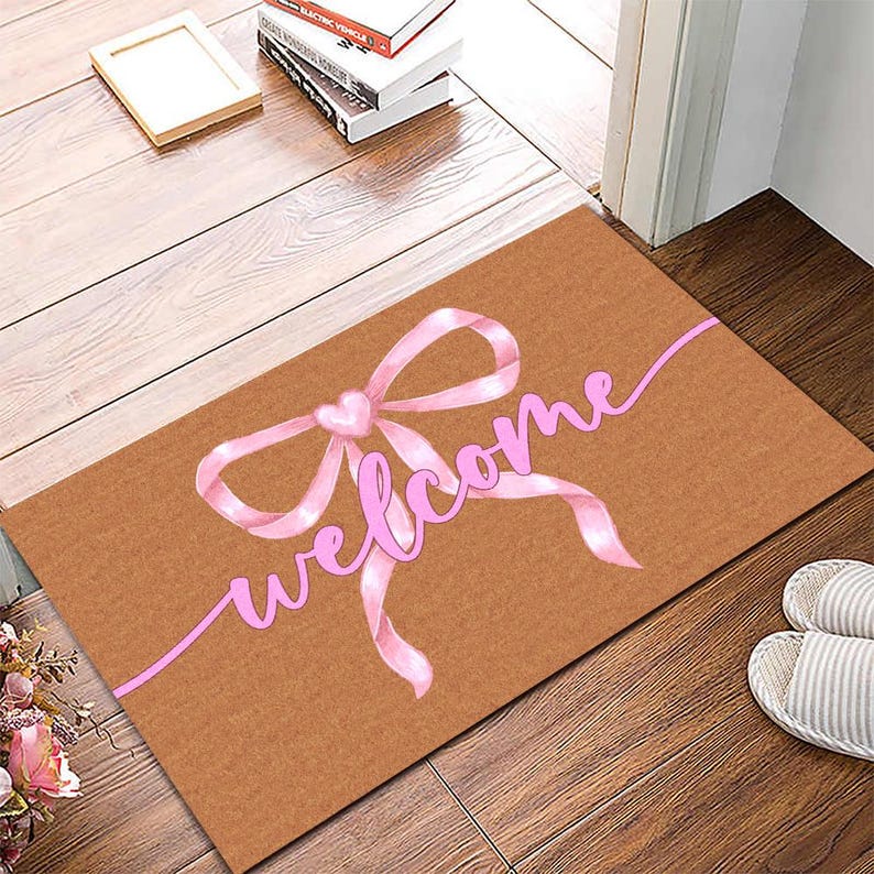 Welcome Pink Bow Doormat, Watercolor Pinky Bow Welcome Doormat ...
