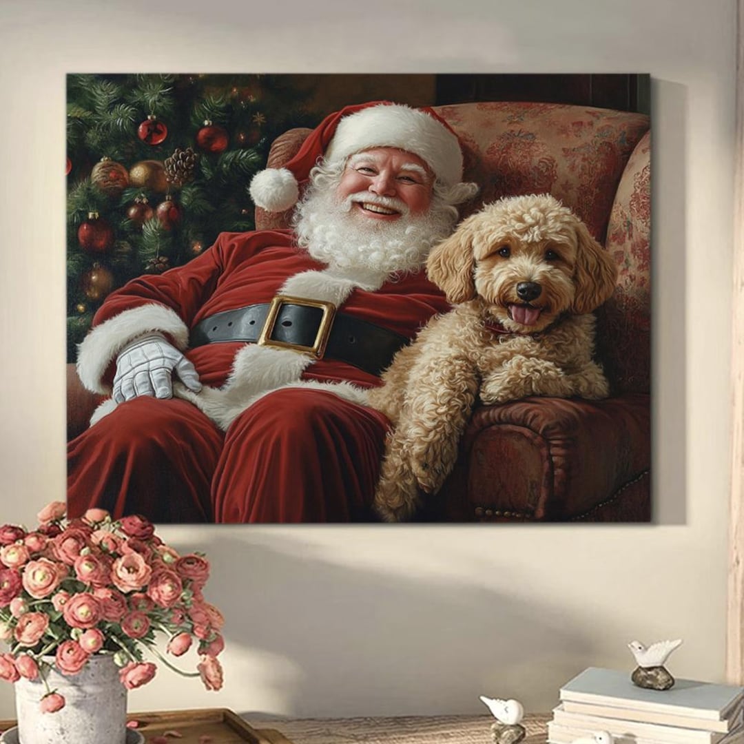 Santa and Goldendoodle Dog Hugging Poster Canvas, Santa Poster Gifts ...