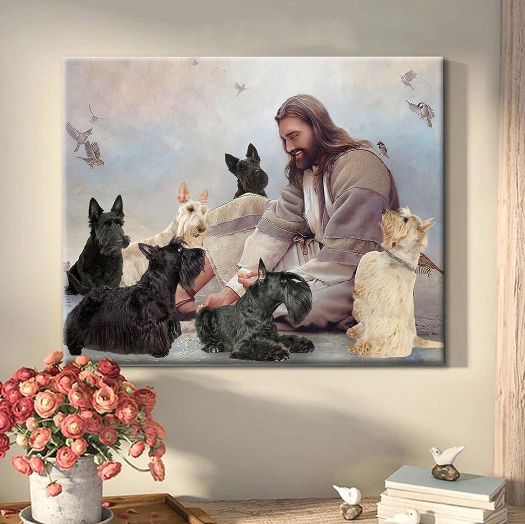 God Surrounded by Scottish Terrier Wall Art, Angels Jesus Poster, God ...