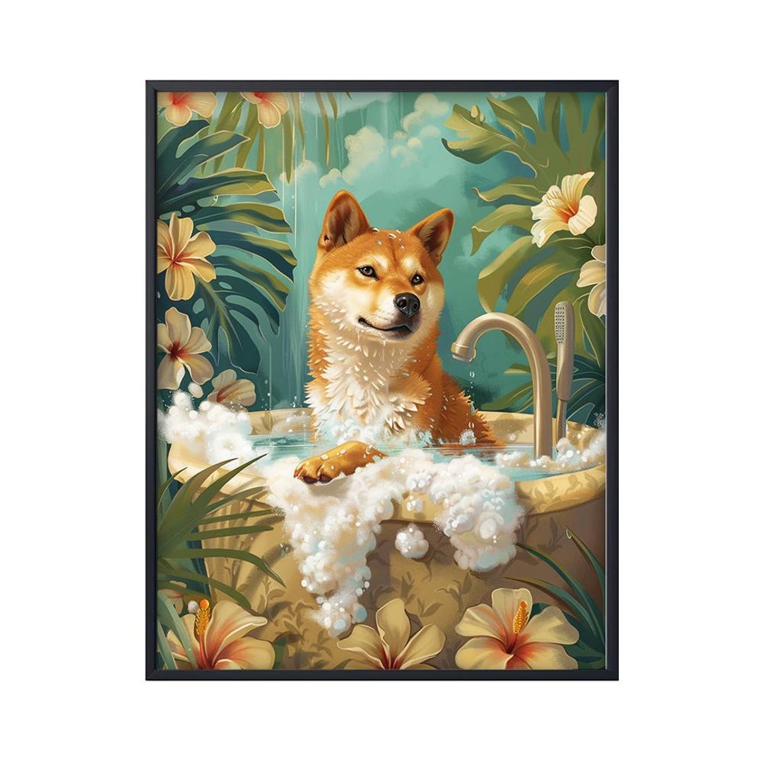 Shiba Inu Dog in Bathtub, Dog in Tropical Botanical Bathroom Decor, Dog ...
