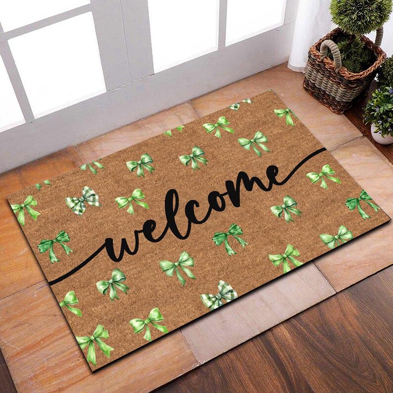 Welcome Green Bow Doormat, Watercolor Green Bow Welcome Doormat, Green ...