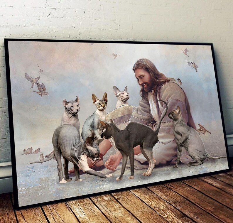 God Surrounded by Sphynx Cat Wall Art, Angels Jesus Poster, God With ...