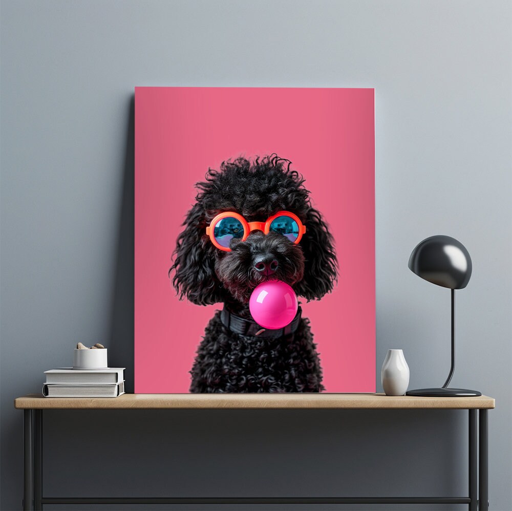 Black Poodle Portrait Blowing Bubble Gum, Wearing Neon Goggles, Cute ...