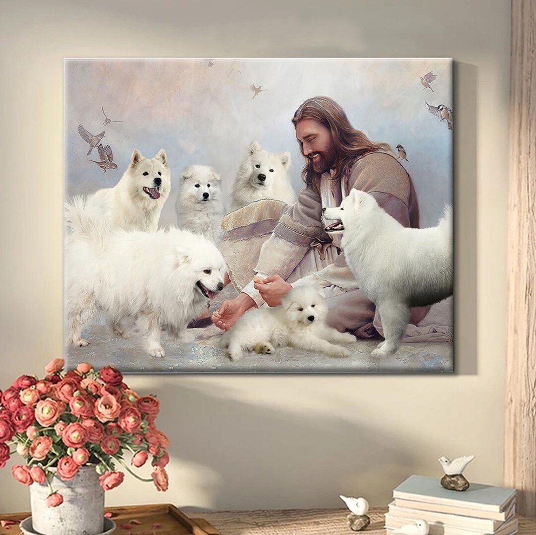 God Surrounded by Samoyed Wall Art, Angels Jesus Poster, God With Dog ...