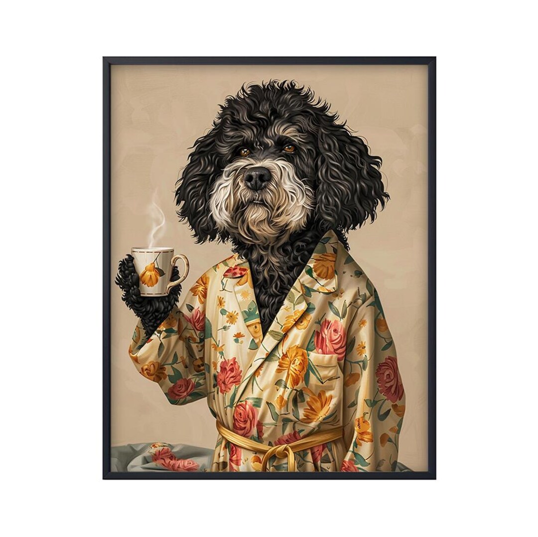 Portuguese Water Dog Dressed in Pajamas Holding Cup, Drinking a Cup of ...