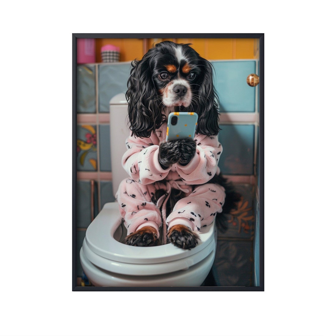 Tri Color Cavalier King Charles Spaniel Sitting on Toilet on Mobile ...