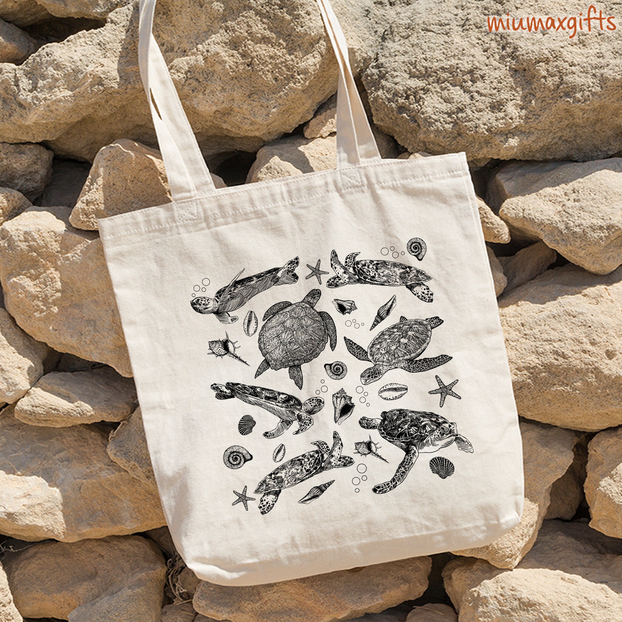 Sea Turtle Tote Bag Sea Animals Tote Bag Hand Drawn Design - Etsy