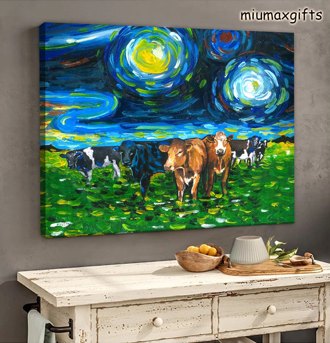 Cow Starry Night Canvas, Farm Cow Starry Night Poster, Cow Canvas Wall ...