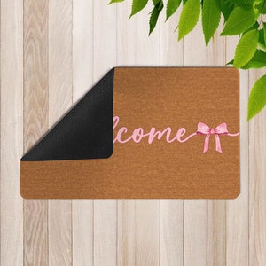 Welcome Pink Bow Doormat, Watercolor Pinky Bow Welcome Doormat ...
